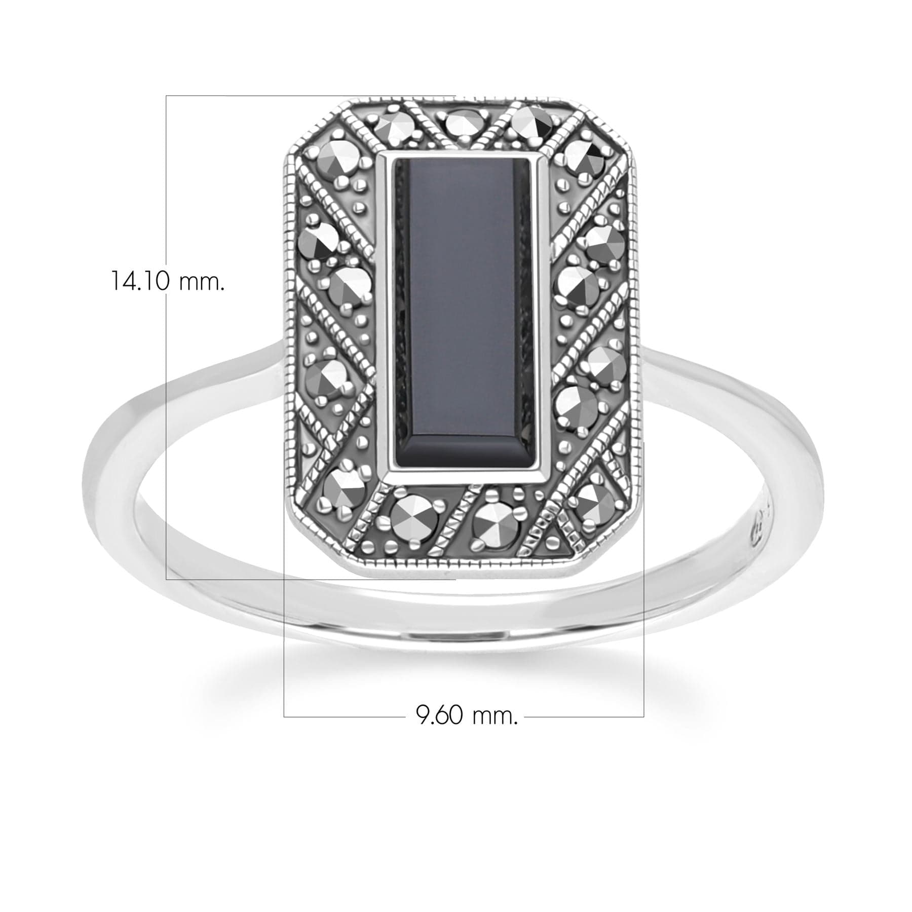 Art Deco Style Rectangle Onyx and Marcasite Ring in Sterling Silver ...