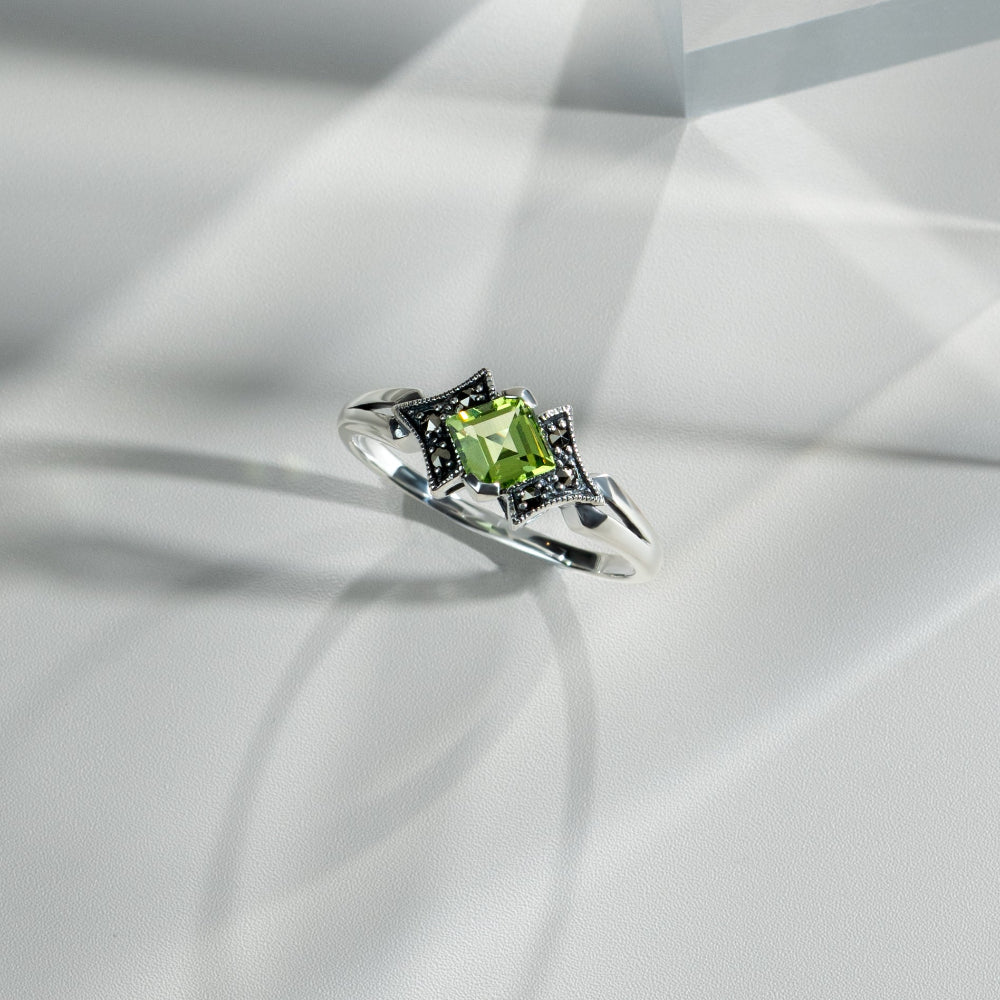Art Deco Style Square Peridot & Marcasite Ring in 925 Sterling ...